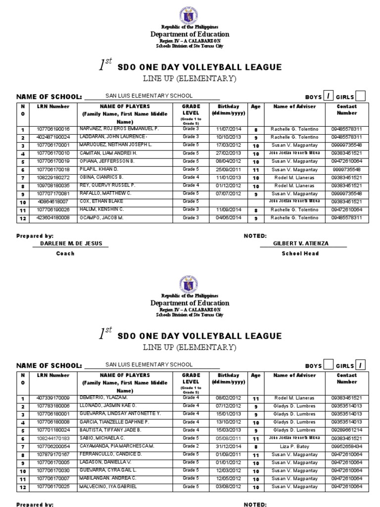 Line Up 1st Sdo One Day Volleyball League | PDF