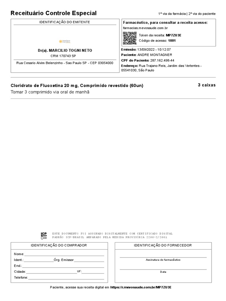 Receituário Controle Especial: Cloridrato de Fluoxetina 20 MG, Comprimido Revestido (60un) 3 ...
