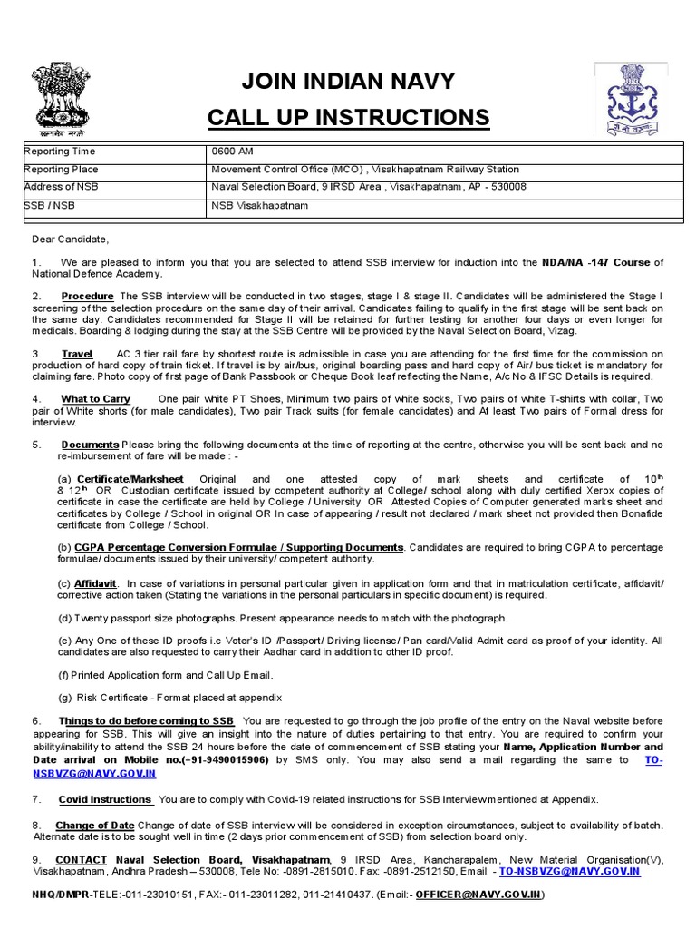 Call Up Letter NSB Visakhapatnam For Nda 147 Course | PDF