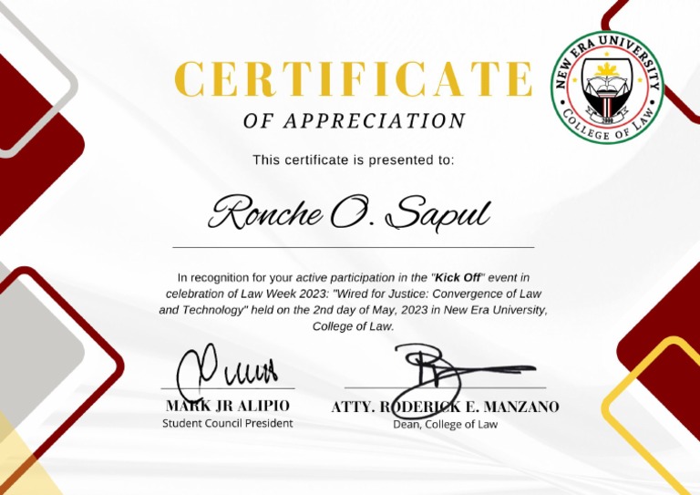 LAW WEEK 2023 CERTIFICATE (KICK-OFF) - Ronche O. Sapul | PDF