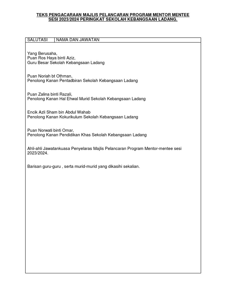 Teks Pengacaraan Program Pelancaran Program Mentor Mentee 2023 2024 | PDF
