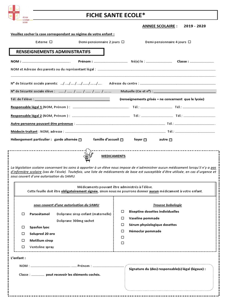 Fiche Sante 2019 2020 Ecole | PDF