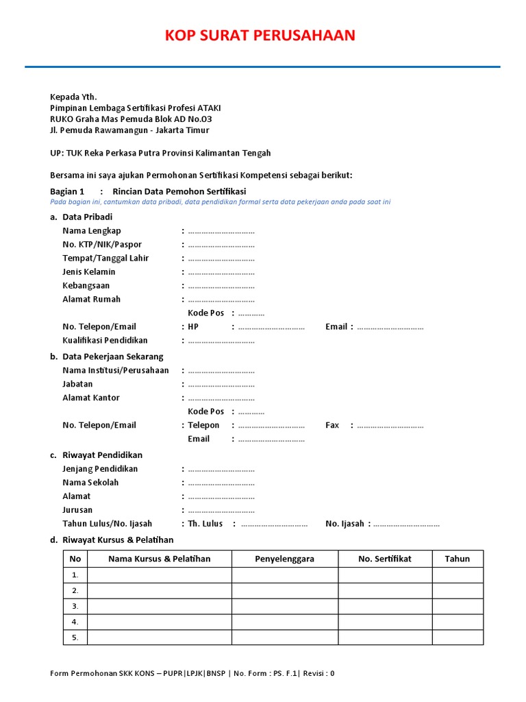 FORM PERMOHONAN SKT & SKA Atau SKK Jenjang 4-8 | PDF