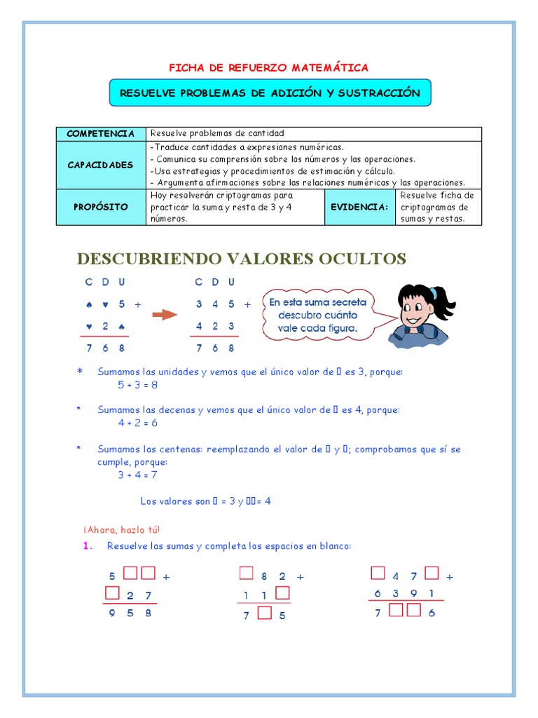 F.refuerzo Matemática Criptograma Suma y Resta | PDF | Sustracción | Matemáticas