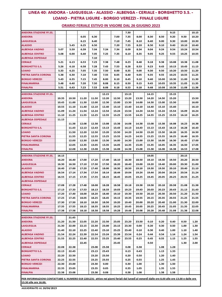 Linea 40: Andora - Laigueglia - Alassio - Albenga - Ceriale - Borghetto S.S. - Loano - Pietra ...