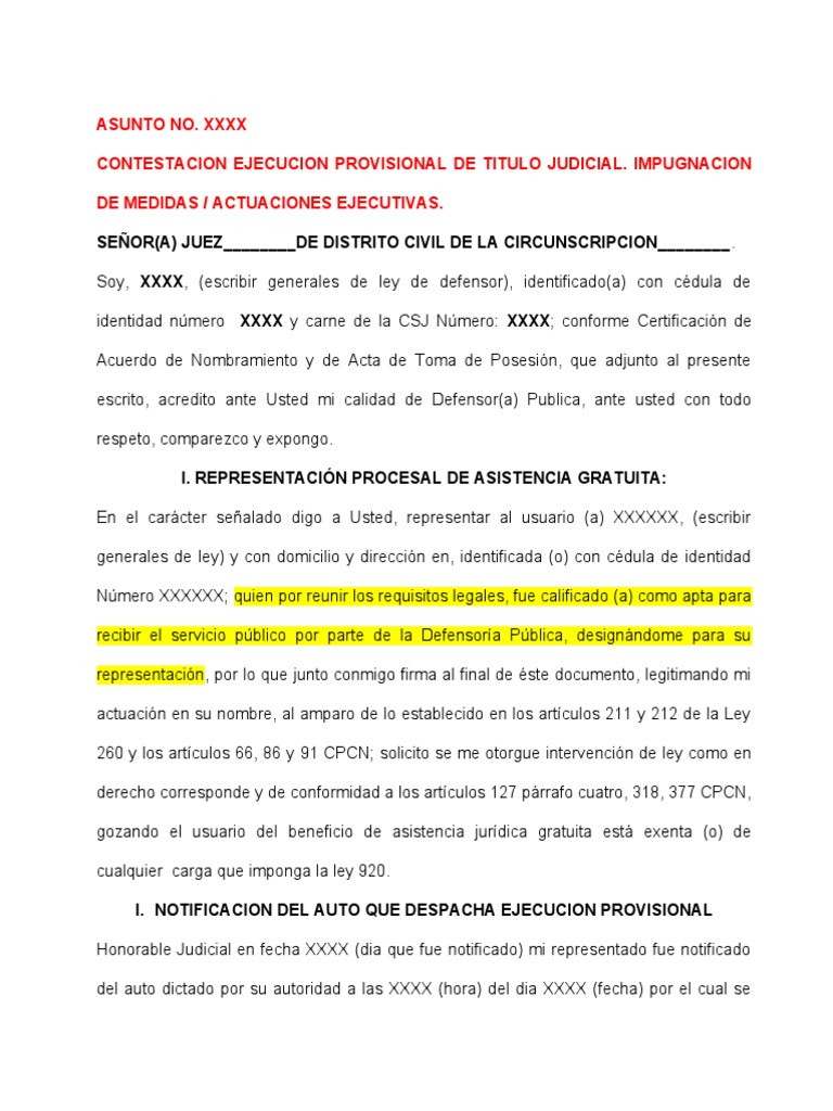 Contestacion Ejecucion Provisional de Titulos Judiciales. Impugnacion ...