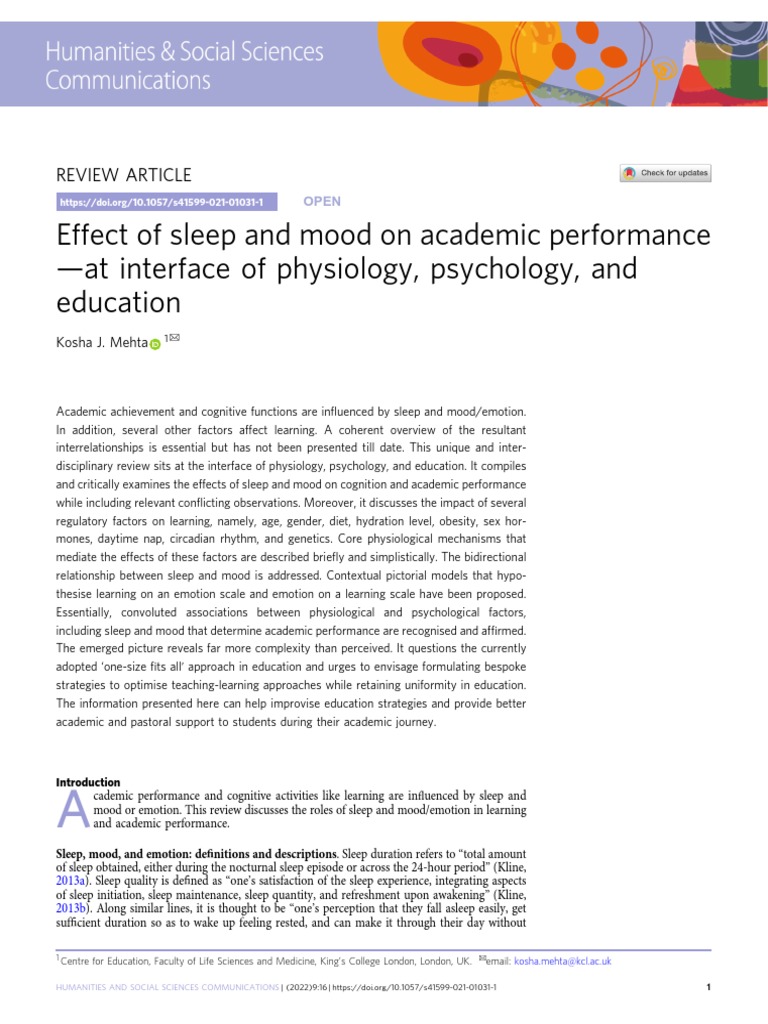 Effect of Sleep and Mood On Academic Performance - at Interface of Physiology, Psychology, and ...