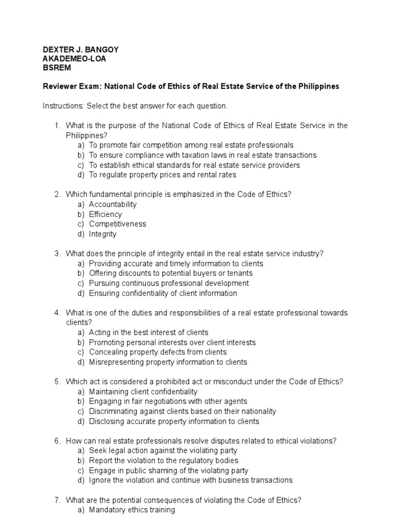 Reviewer Exam National Code of Ethics of Real Estate Service of The ...