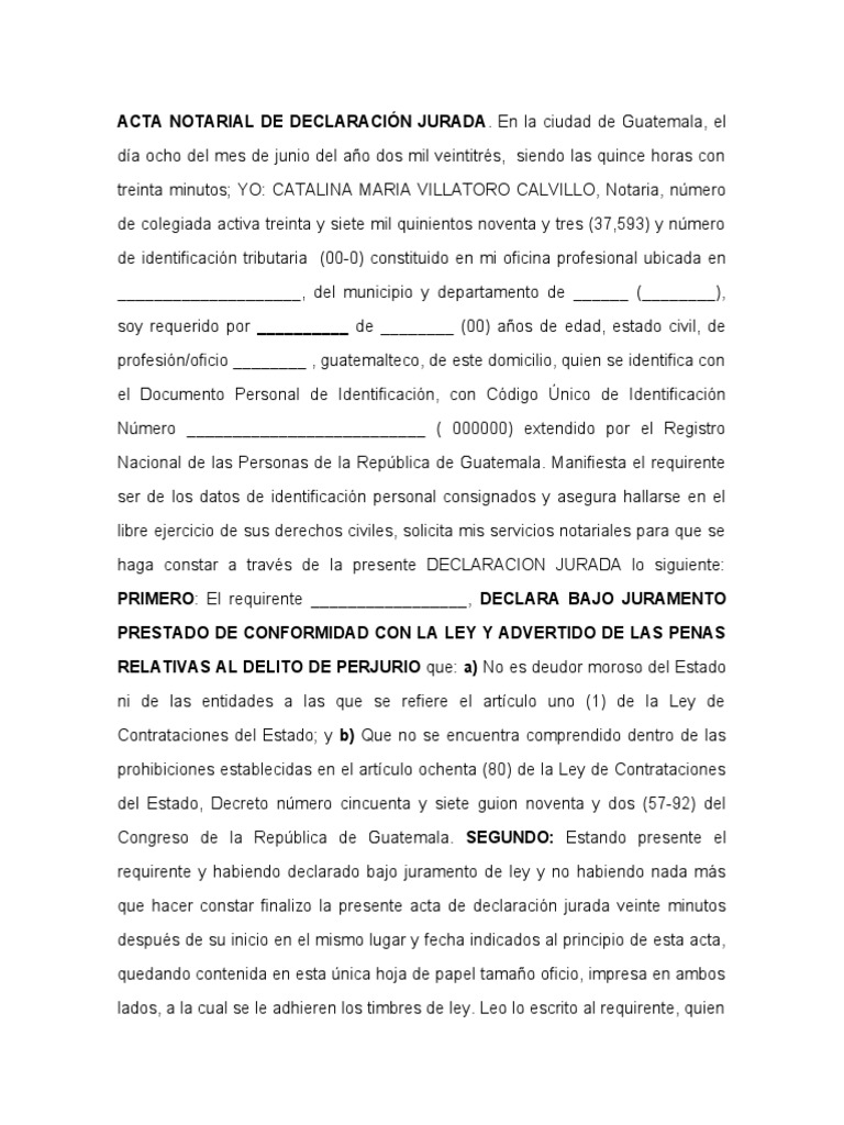 Acta Notarial de Declaración Jurada | PDF