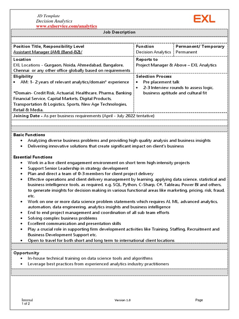2022 - EXL Analytics - AM Role - Lateral - T-II - JDv1.5 | PDF ...