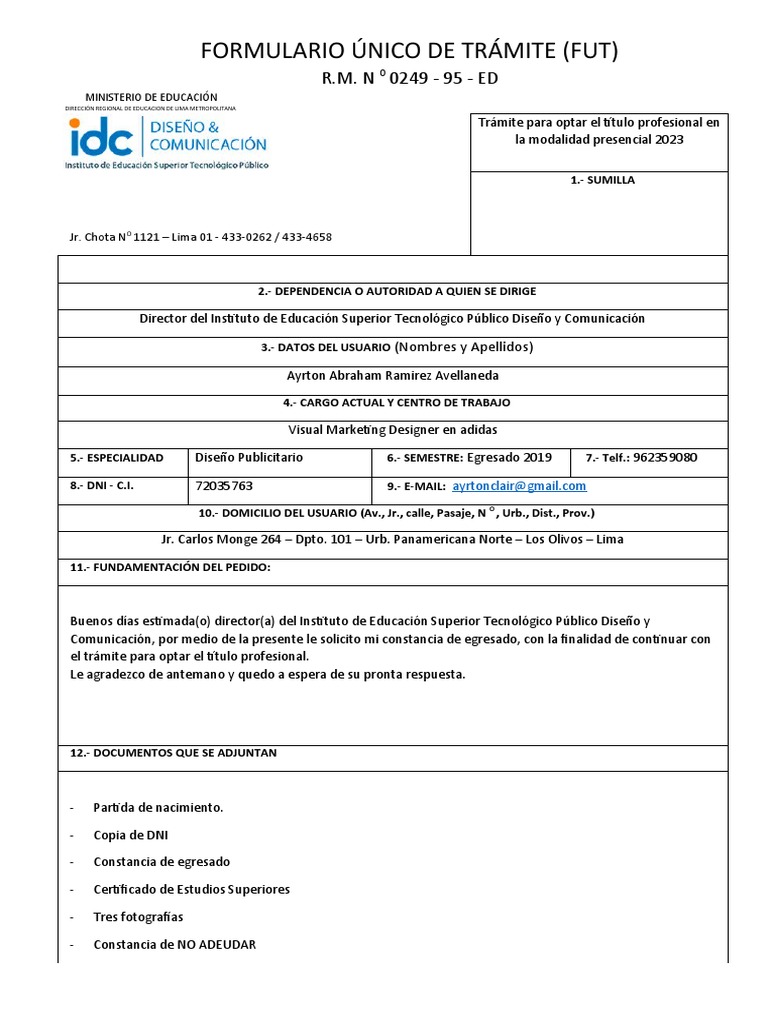 FUT - Solicitud Constancia de Egresado | PDF