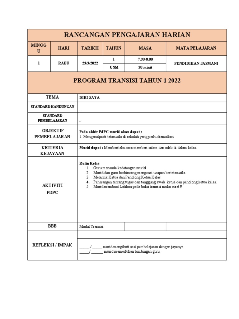 RPH Minggu Transisi 2022 - 1 PJ | PDF