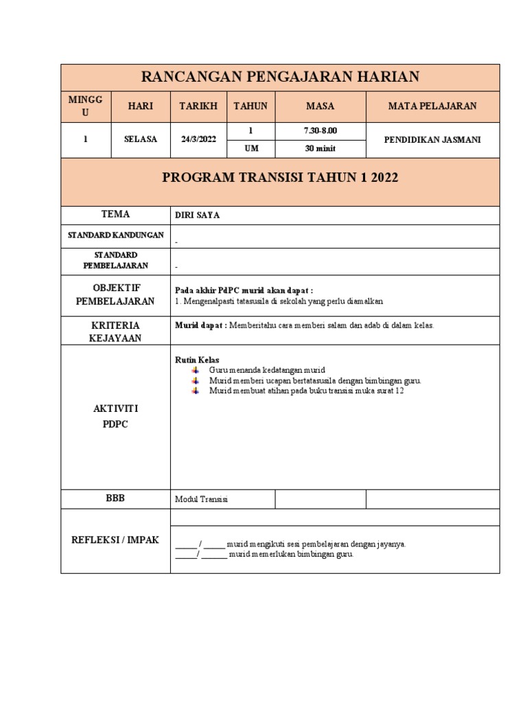 RPH Minggu Transisi 2022 - Tahun 1 | PDF