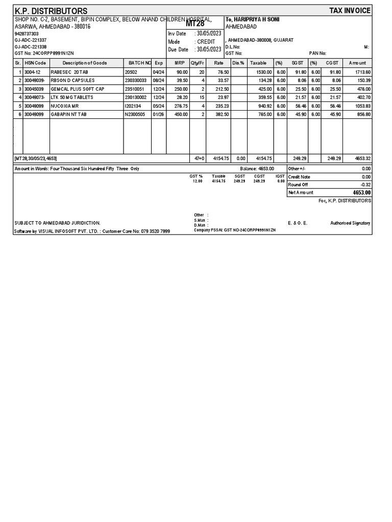 Tax Invoice from K.P. Distributors | PDF | Invoice | Public Finance