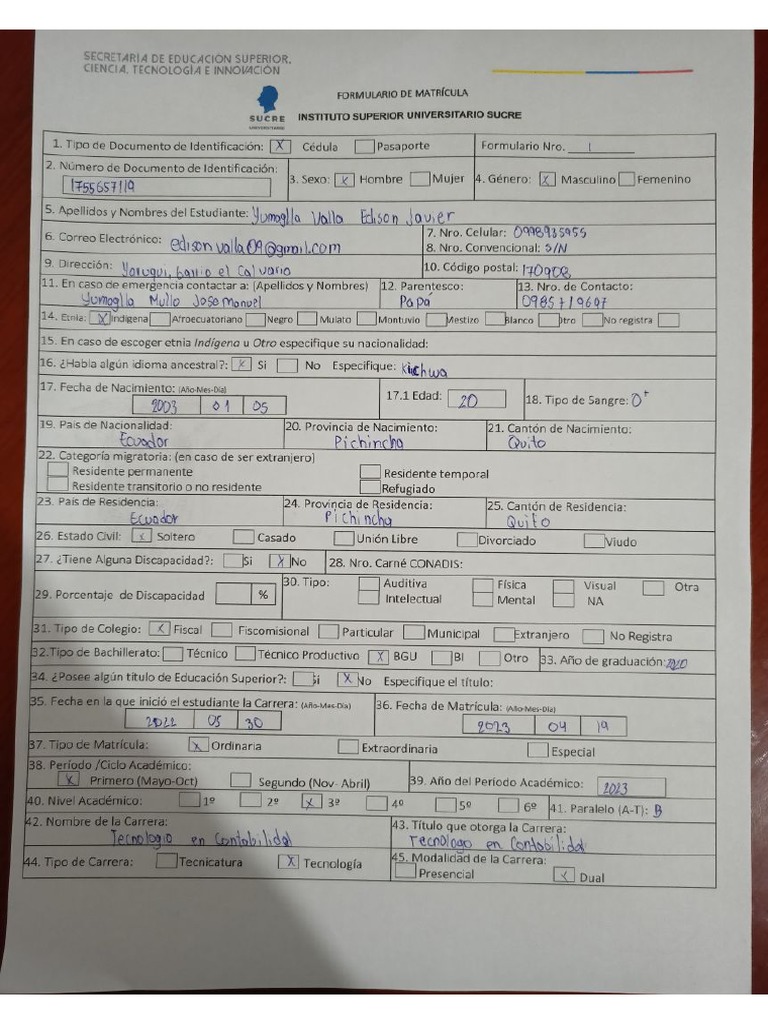 Formulario de matrícula | PDF