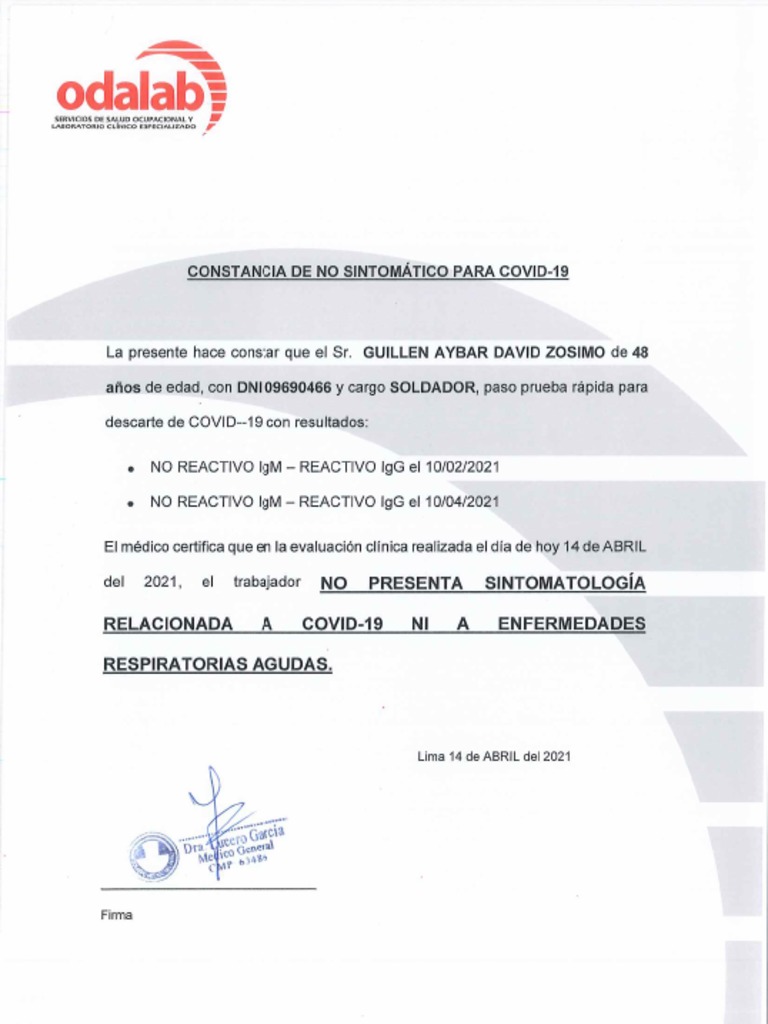 ALTA DE IGG _ GUILLEN AYBAR DAVID ZOSIMO_CONSTANCIA DE NO SINTOMATICO | PDF