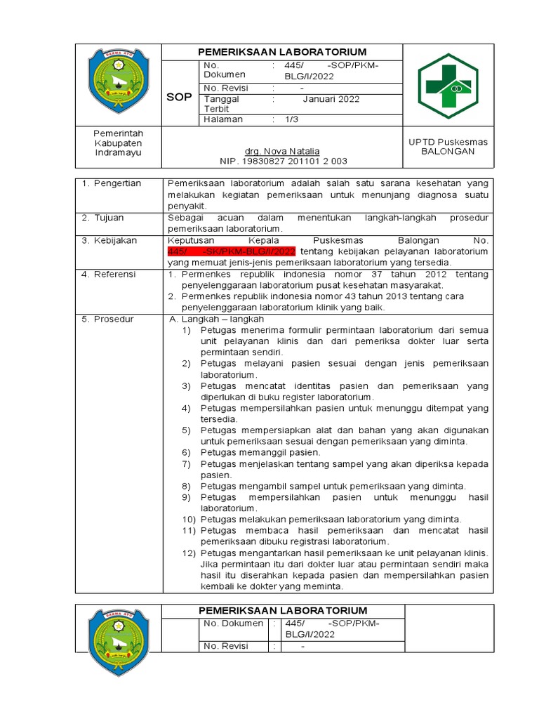 Sop Pemeriksaan Laboratorium | PDF | Kesehatan Holistik | Sains & Matematika