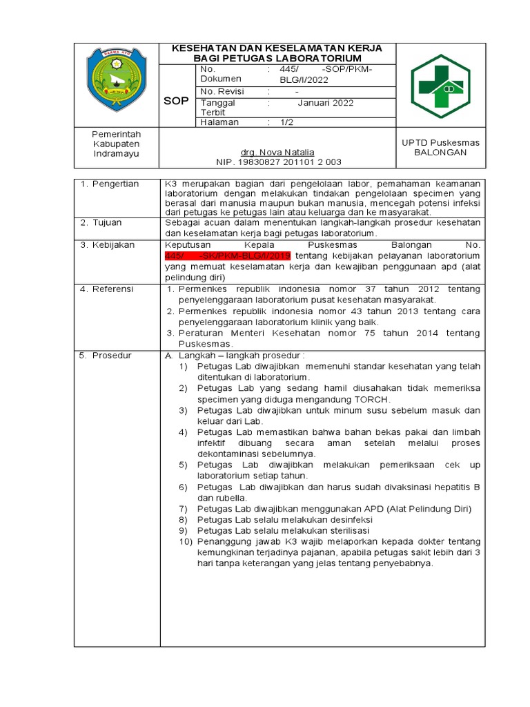 SOP K3 Petugas Laboratorium | PDF