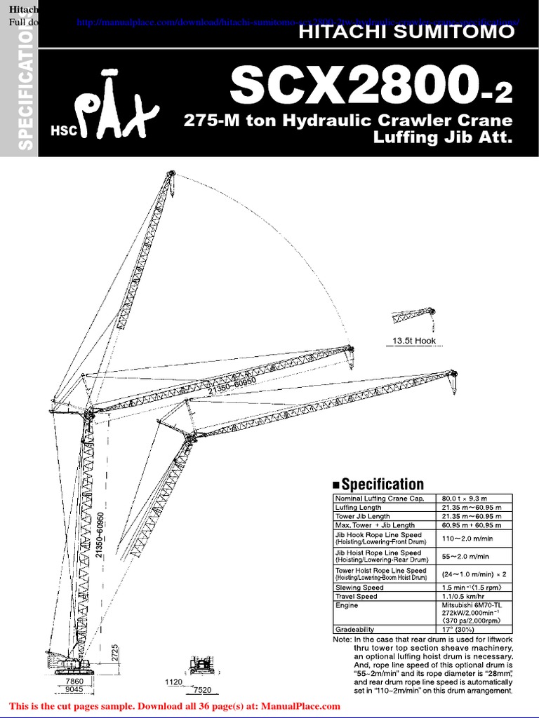 Hitachi Sumitomo Scx2800 2tw Hydraulic Crawler Crane Specifications | PDF
