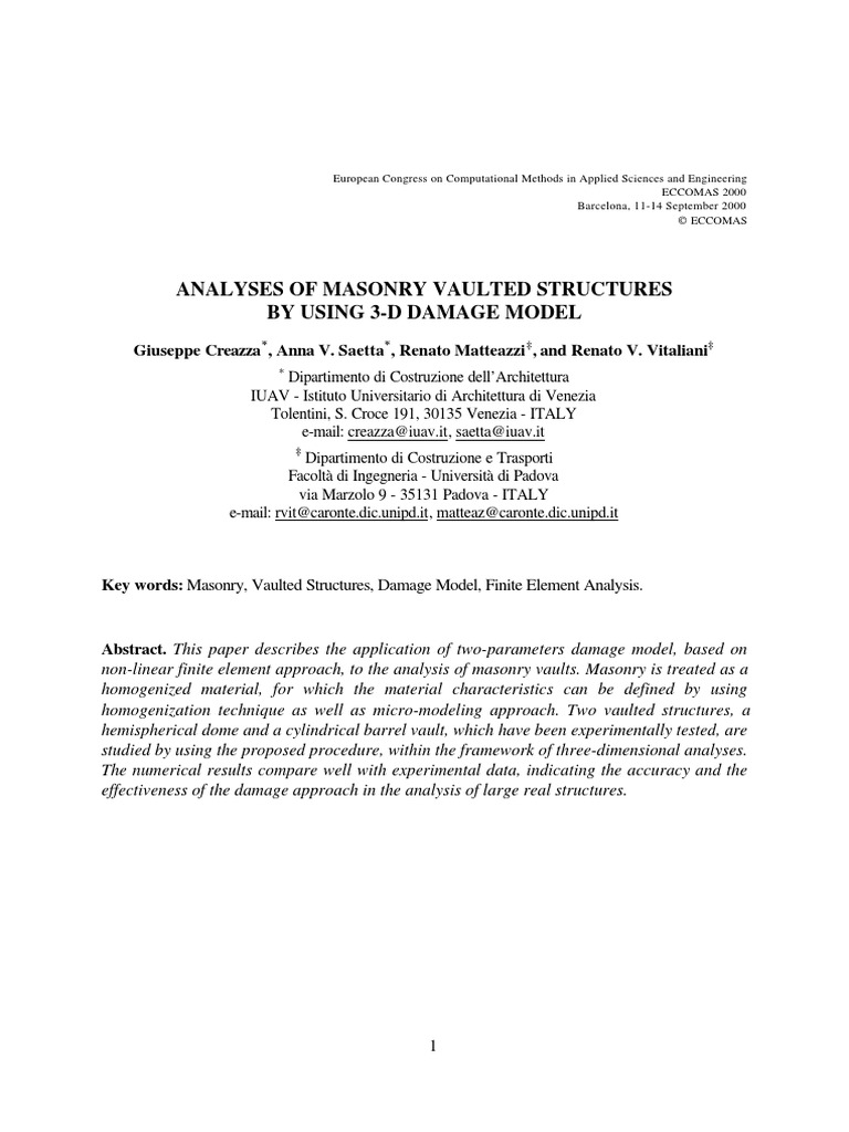 Analyses of Masonry Vaulted Structures by Using 3-D Damage Model | PDF