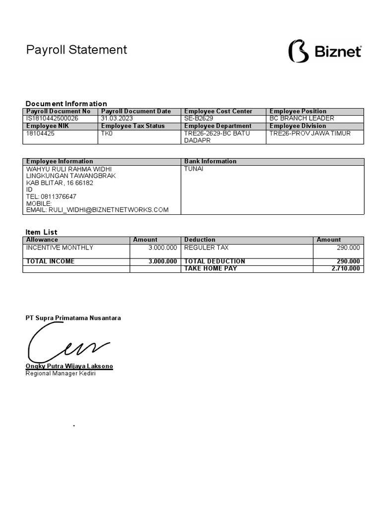 Payroll Statement Insentif Pdf Payroll Tax Tax Deduction