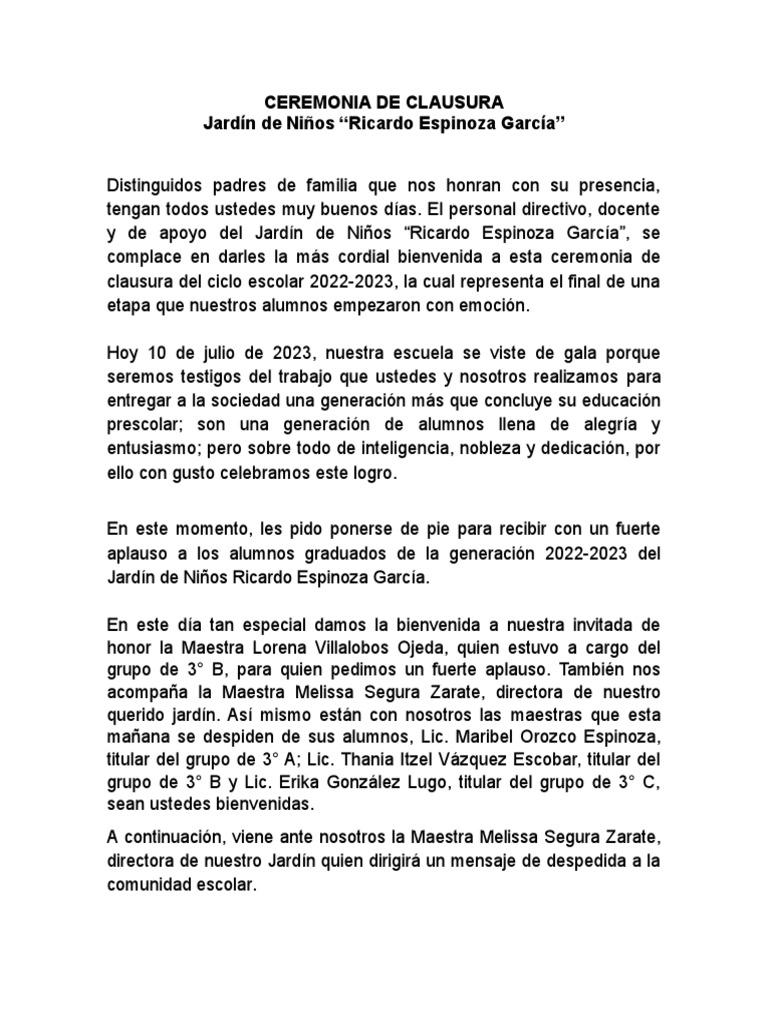 Ceremonia de Clausura | PDF | Educación de la primera infancia