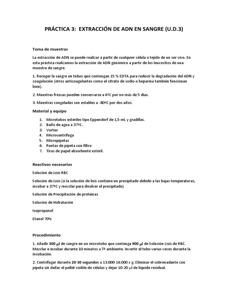 PRÃ CTICA 3 Extraccion ADN Sangre | PDF