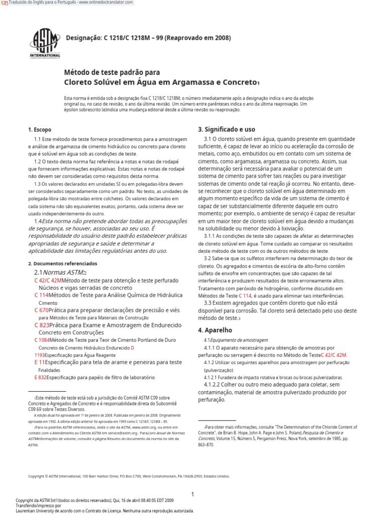 ASTM 1218 - Determinação de Cloretos Solúveis em Água | PDF