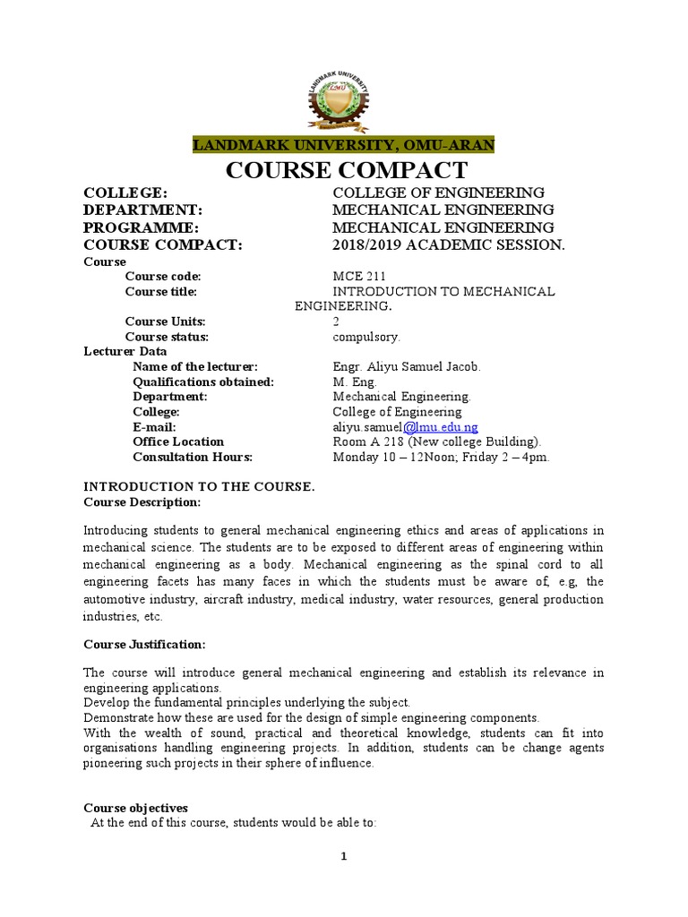 Mce 211 Course Compact 2018 2019 Session | PDF | Engineering | Heat