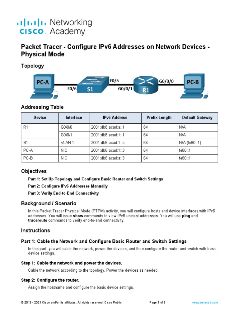 12.9.2 Packet Tracer - Configure IPv6 Addresses on Network Devices - Physical Mode | PDF | I Pv6 ...