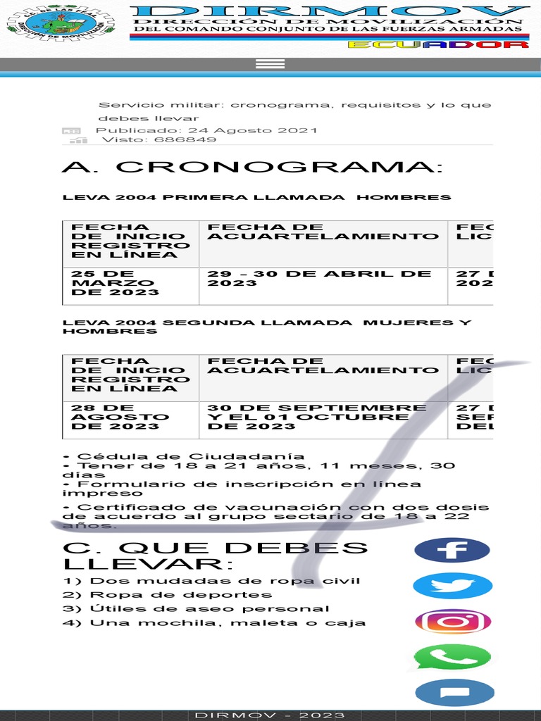 DIRMOV - Servicio Militar Cronograma, Requisitos y Lo Que Debes Llevar ...