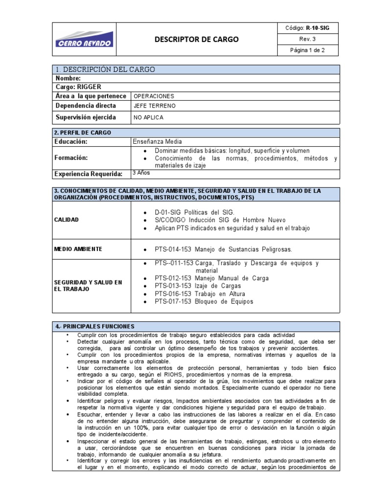 R-10-SIG Descriptor de Cargo Rev3 Rigger | PDF