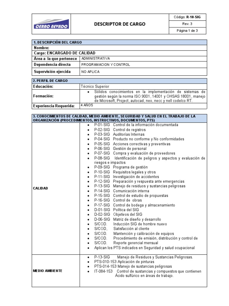 R-10-SIG Descriptor de Cargo Rev3 CALIDAD (1) | PDF | Calidad (comercial)