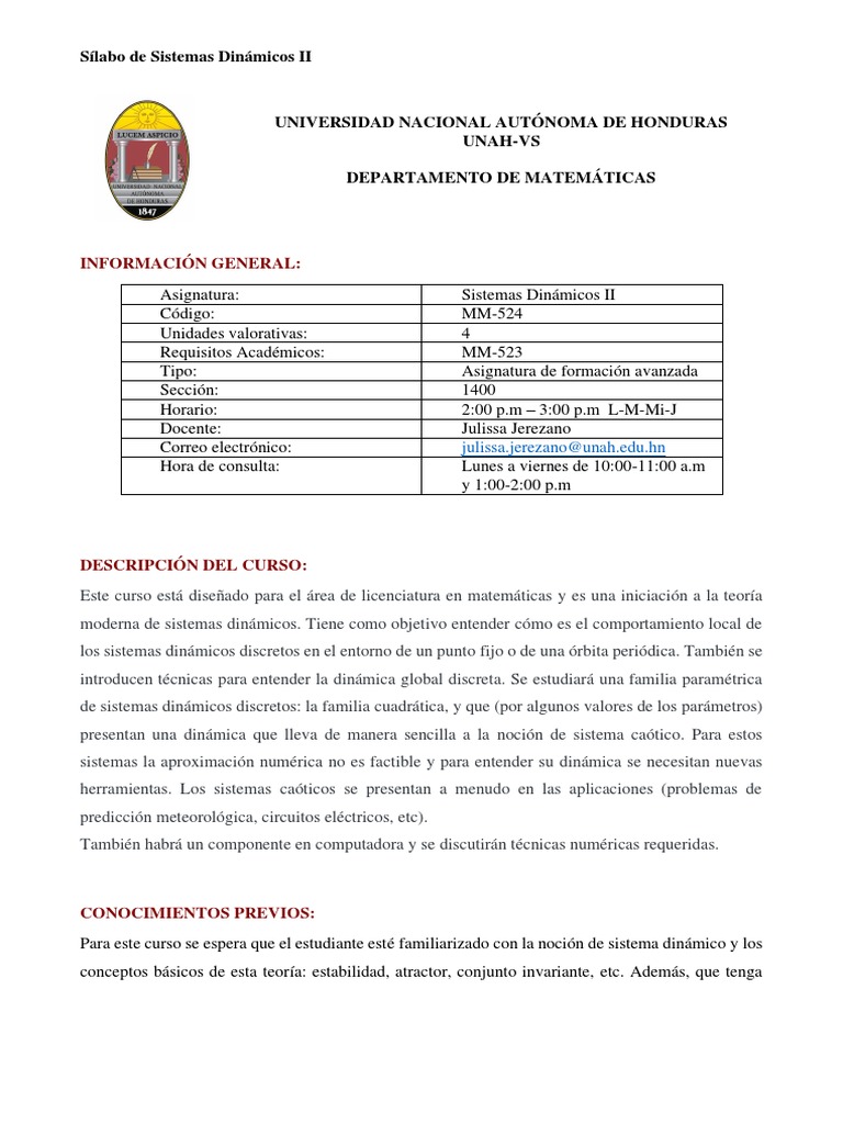 Silabo MM - 524 Sistemas Dinamicos 2 | PDF | Teoría del caos | Aprendizaje