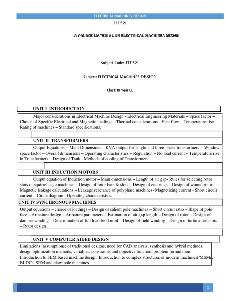 Unit I Introduction: EEE 521 A Course Material On Electrical Machines Design | PDF | Heat ...
