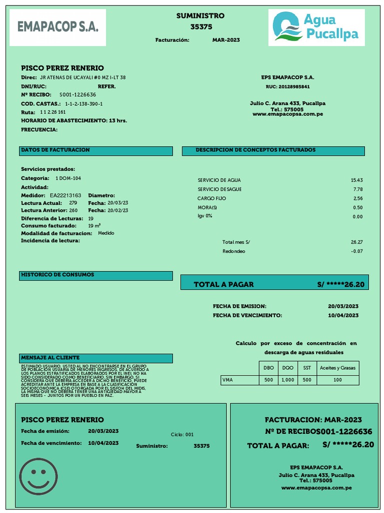 Recibo de Agua Marzo | PDF | Agua y política | Suministro de agua