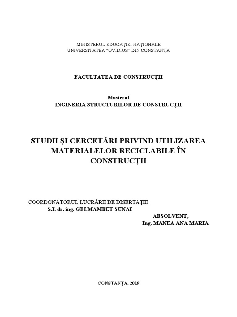 Dizertatie ISC Studii Si Cercetari Privind Utilizarea Materialelor Reciclabile in Constructii | PDF