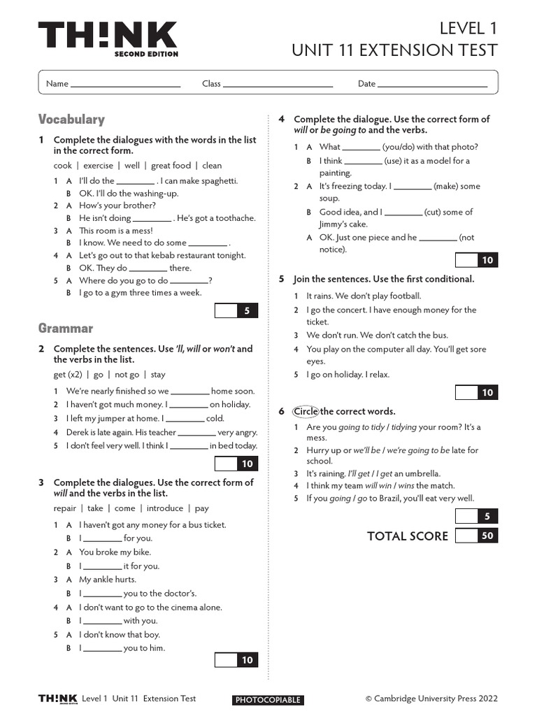 A2 Unit Test Vocabulary and Grammar | PDF | Syntax | Cognition