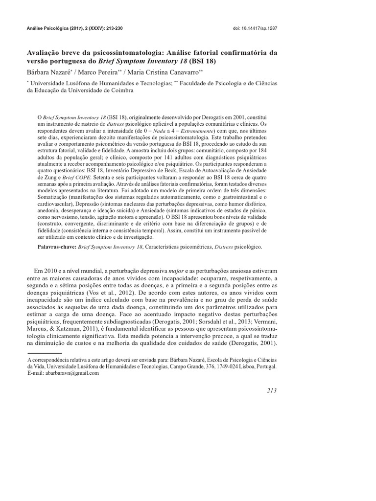 Bsi 18 Depressão Ansiedade Somatização Download Grátis Pdf