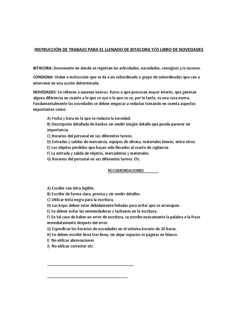 Instrucciones para Llenar Bitácora de Seguridad | PDF