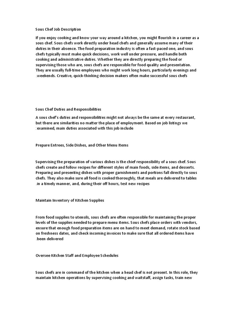 Sous Chef Job Description | Descargar gratis PDF | Chef | Menu Sous Chef Job Description | Descargar gratis PDF | Chef | Menu