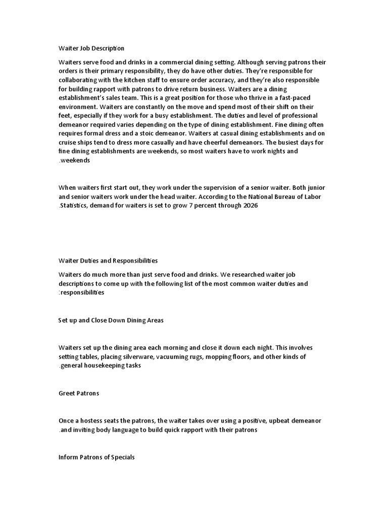 Waiter Job Description | PDF