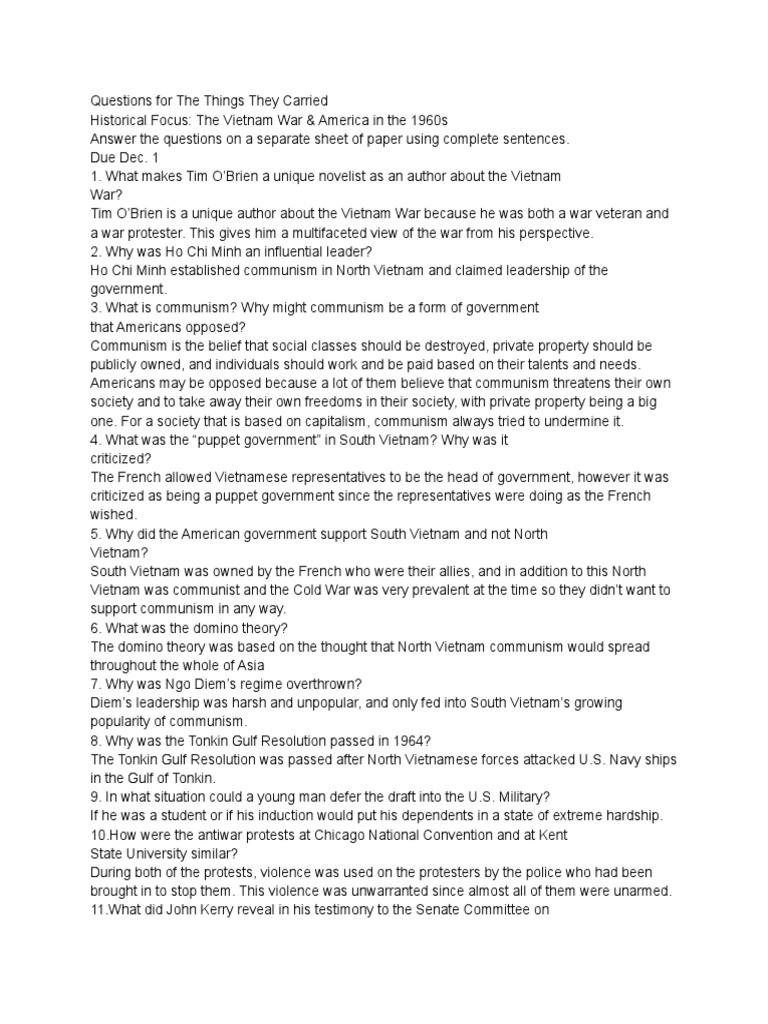 The Things They Carry Historical Focus Questions | PDF | Vietnam War ...