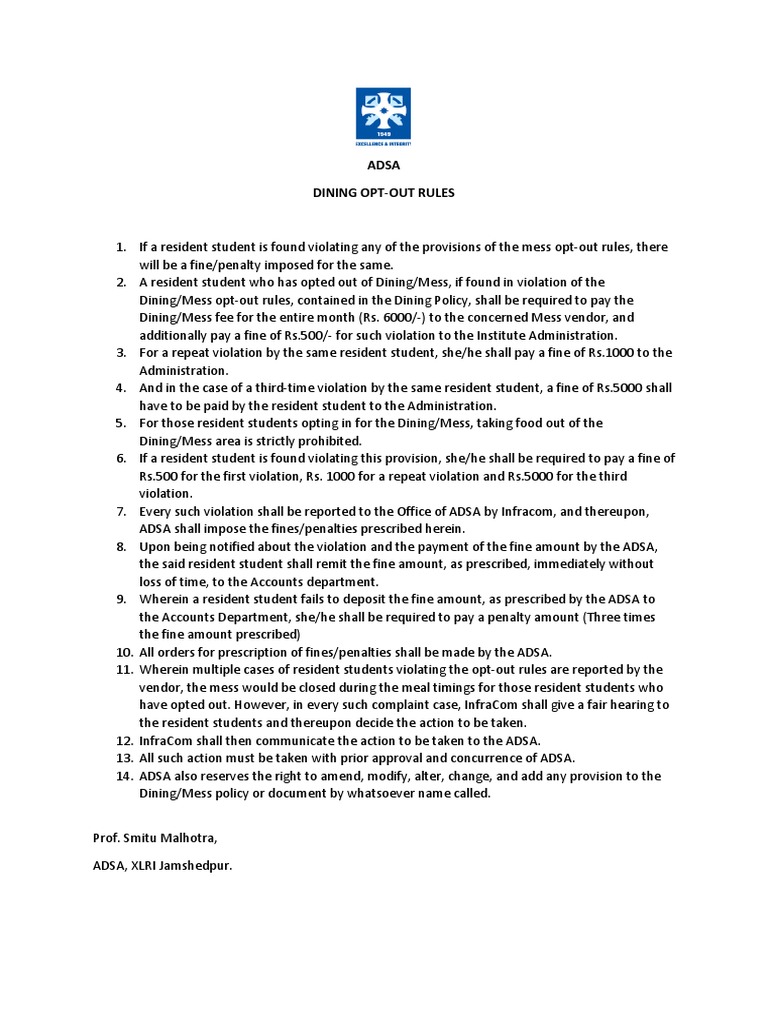 OPT-OUT DINING POLICY - Penalties For Violations | PDF | Justice ...