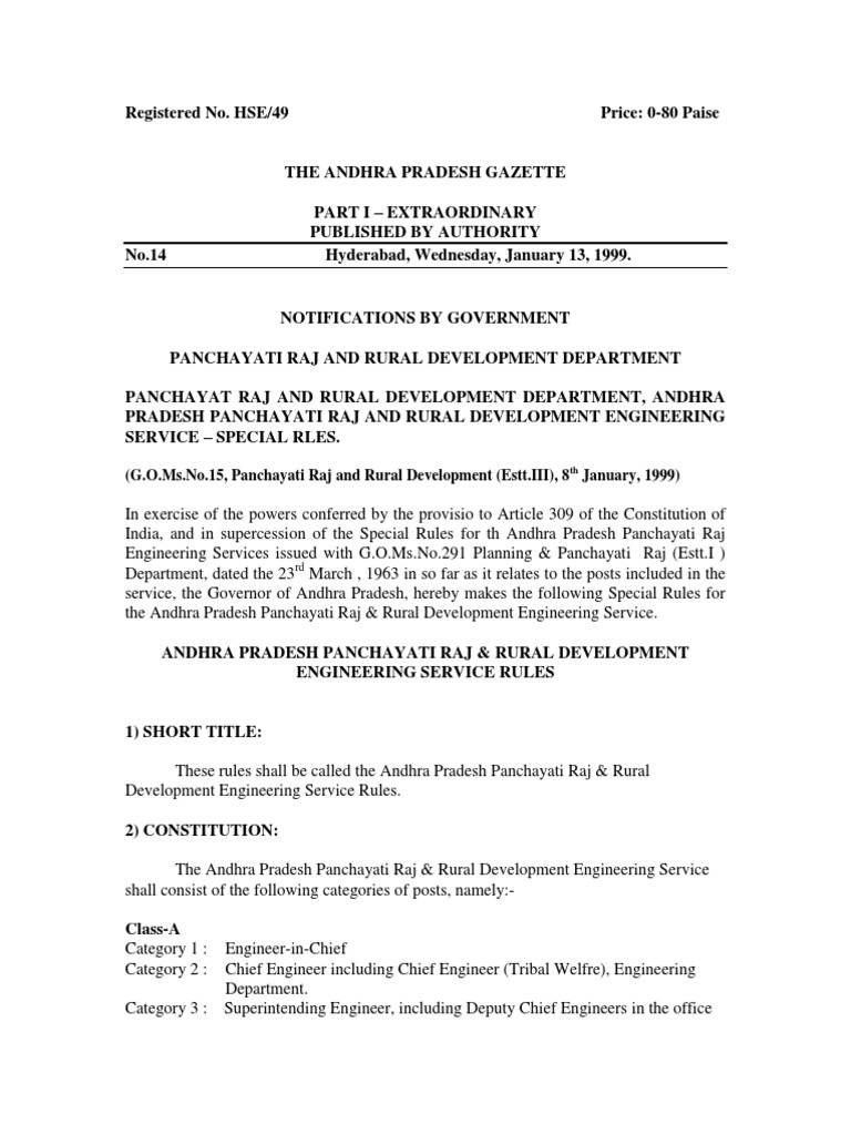 (G.O.Ms - No.15, Panchayati Raj and Rural Development (Estt - III), 8 January, 1999) | PDF