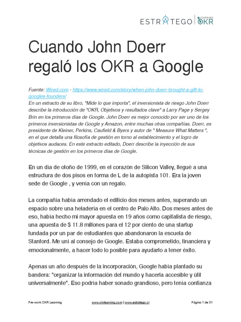 Cuando John Doerr Regaló Los OKR A Google | PDF