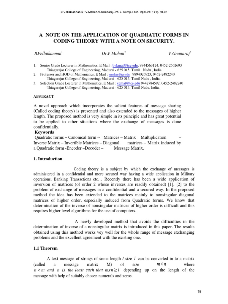 A Note On The Application Of Quadratic Forms In Coding Theory Pdf Matrix 