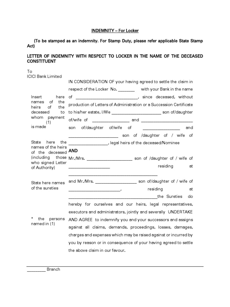 Annexure 14 Indemnity For Locker | PDF | Indemnity | Legal Concepts