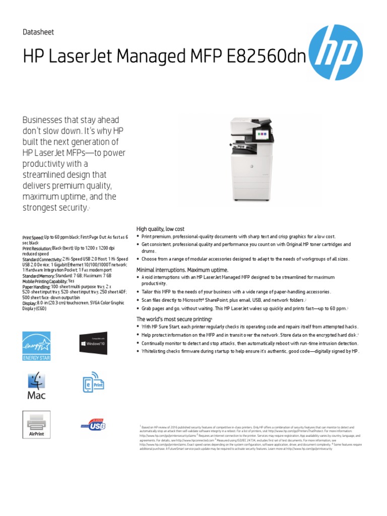 HP LaserJet MFP E82560DN | PDF | Image Scanner | Printer (Computing)