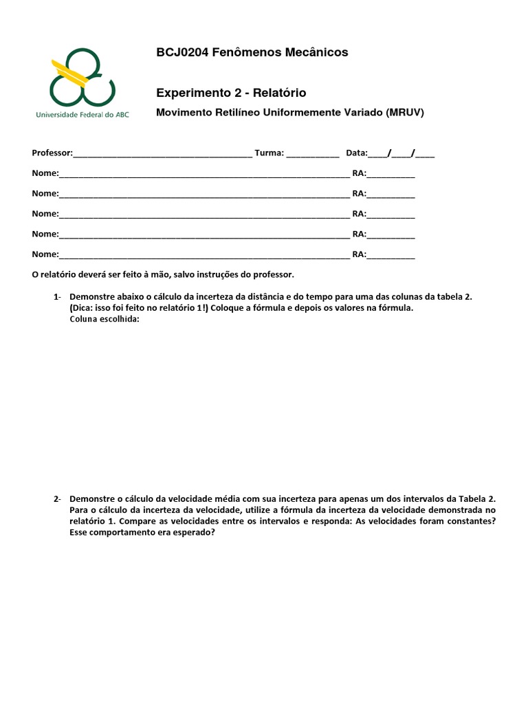 Experimento 2 - MRUV - Relatorio | PDF | Métodos e Materiais de Ensino | Computadores